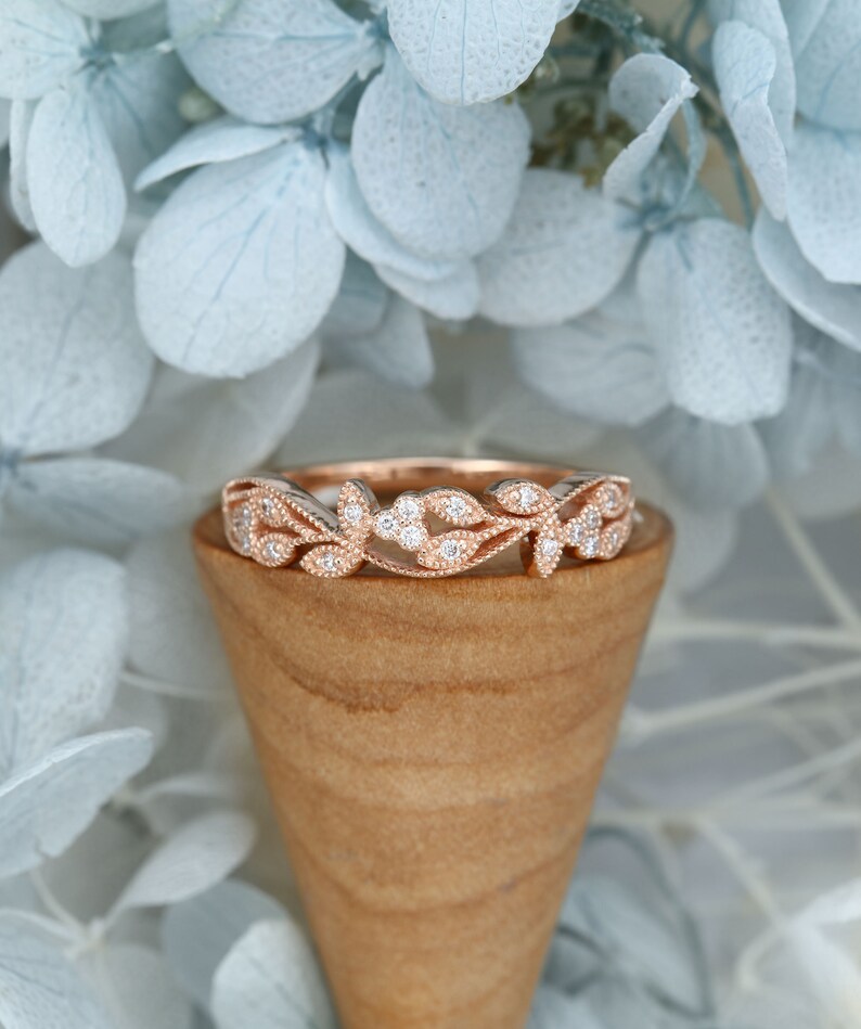 Rose gold wedding band Vintage Floral Diamond wedding band | Etsy
