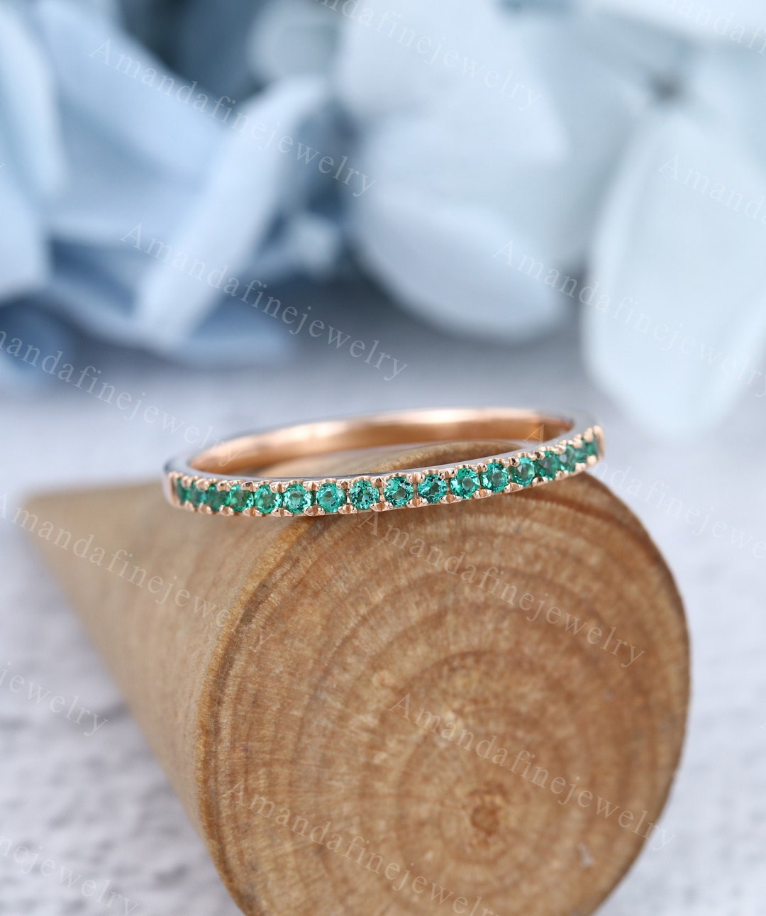 Vintage Emerald Rose Gold Wedding Band Half Eternity Wedding Band Micro ...