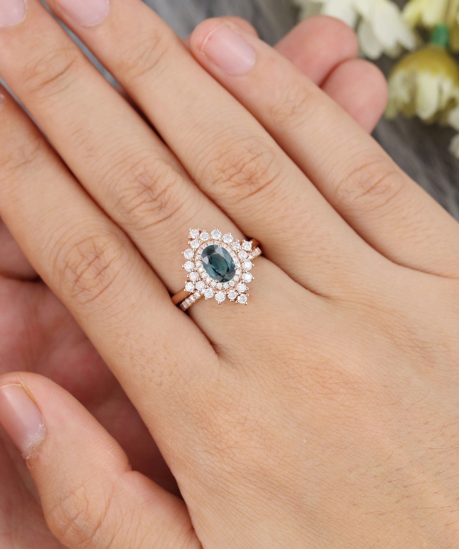 Blue Green Sapphire Engagement Ring Set Vintage 14k Gold Unique Flower ...
