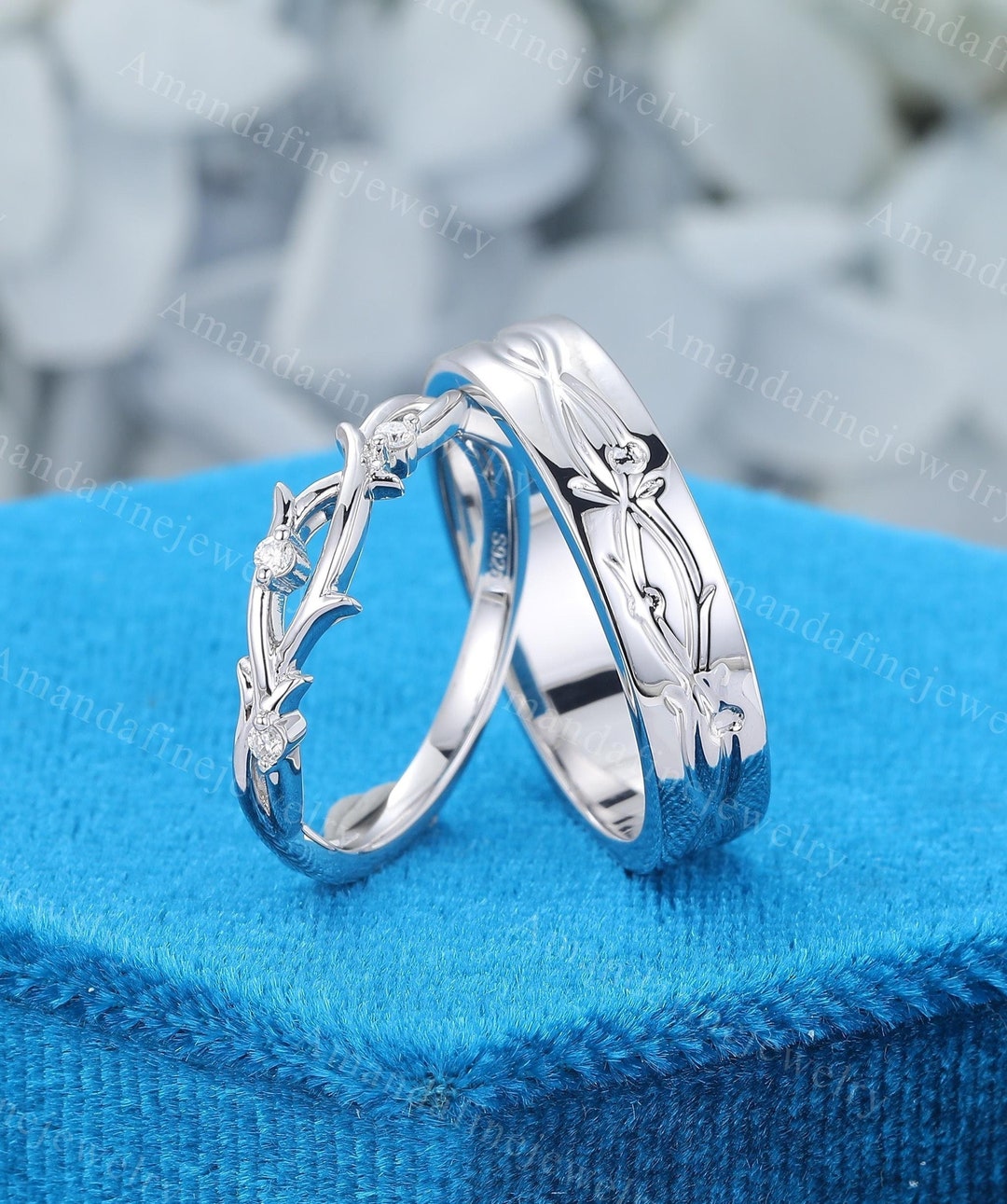 Couples Ring Set Solid White Gold Wedding Rings Set Twig Ring for Men ...
