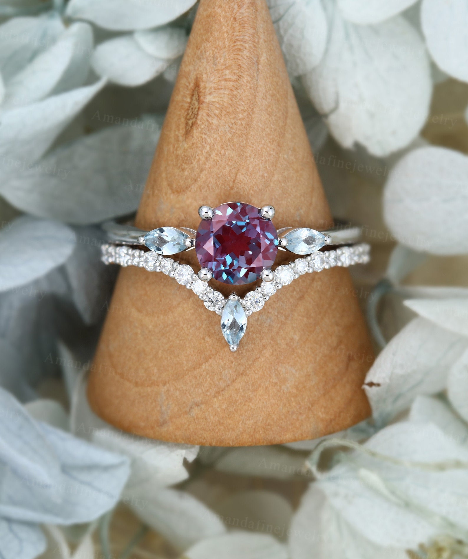 Unique Alexandrite Engagement Ring Set Vintage White Gold Art - Etsy