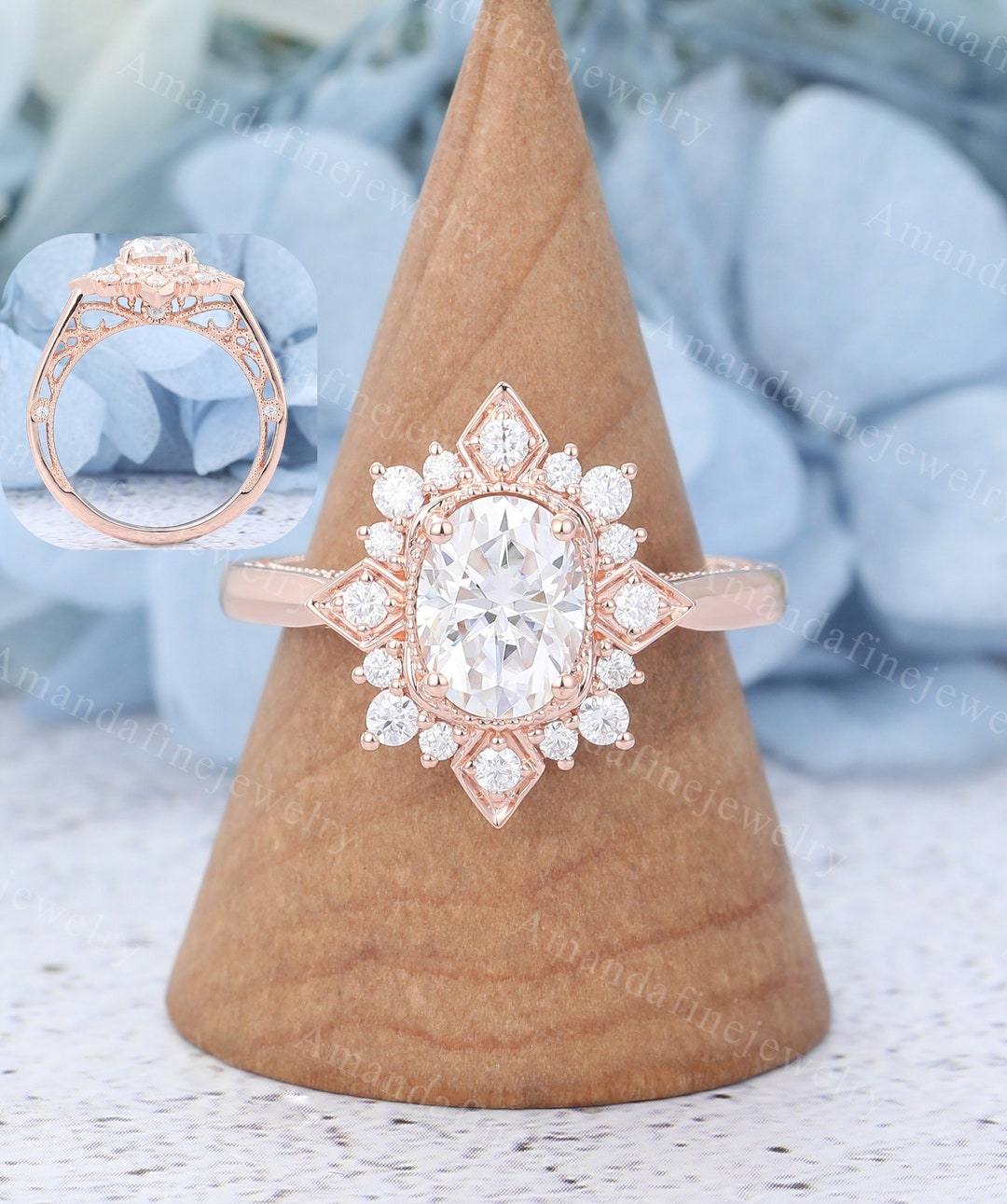 Oval Moissanite Engagement Ring Vintage Rose Gold Ring Halo Ring ...