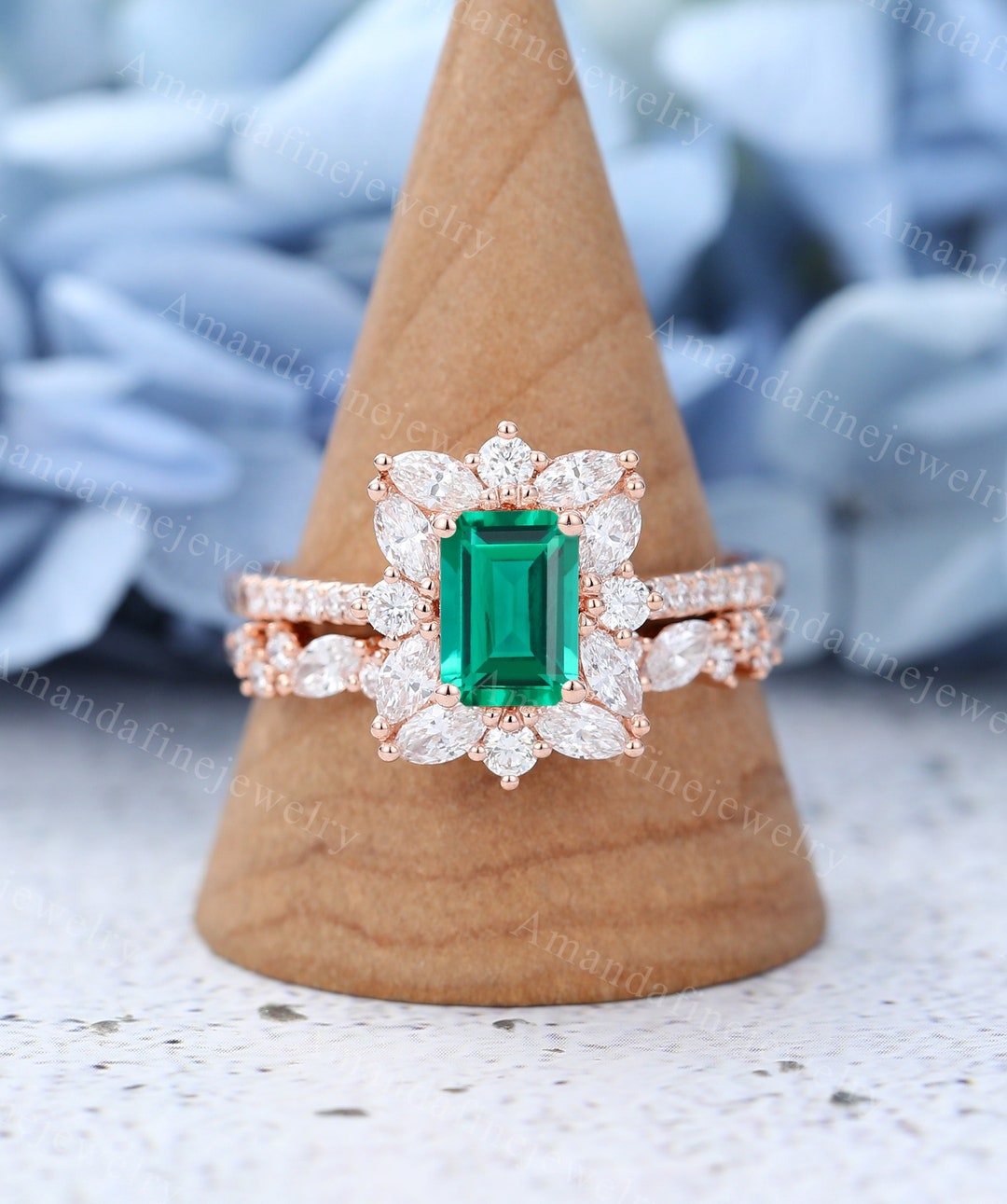 Emerald Engagement Ring Set Emerald Cut Rose Gold Half Eternity Ring ...