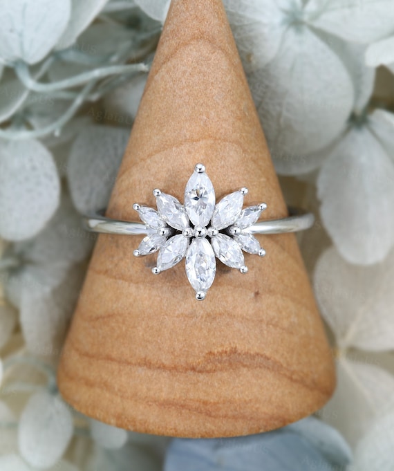 Unique Marquise Cut Moissanite Engagement Ring Vintage Cluster - Etsy