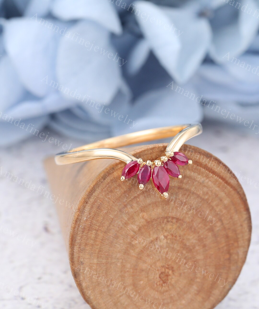 Marquise Cut Ruby Wedding Band Vintage Yellow Gold Curved Wedding Band ...