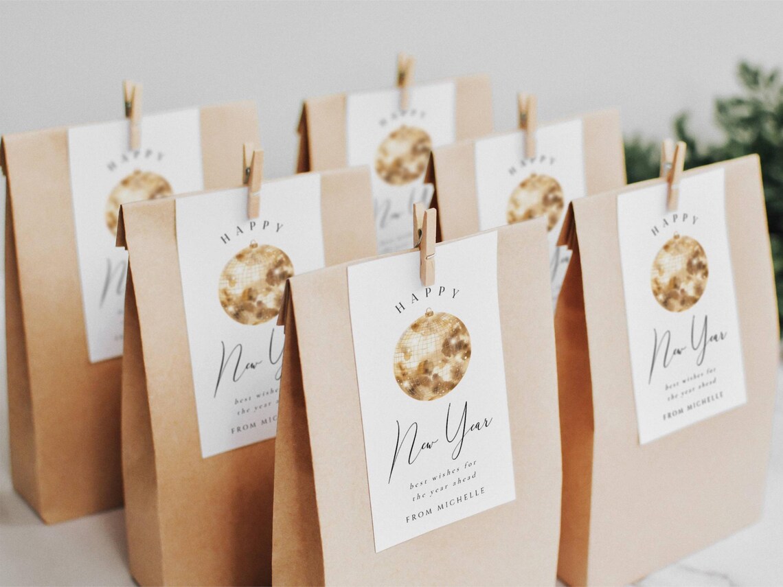Happy New Year Gold Disco Ball Gift Tag Template, Editable NYE Party ...