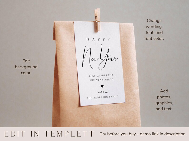 Minimalist Happy New Year Gift Tag Template, Simple New Year's Eve ...