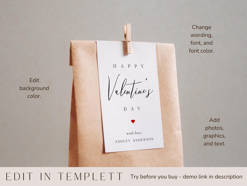 Minimalist Valentine's Day Tag Template, Editable Valentine Gift Tag ...