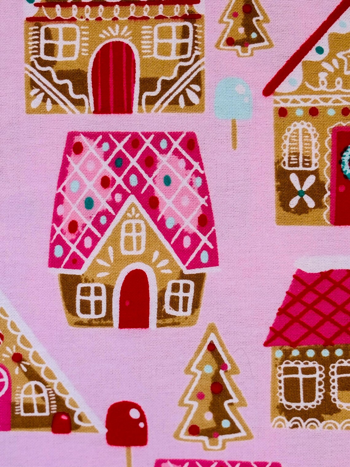 Fabric: Pink Super Snuggle Flannel, Gingerbread Houses and Trees on ...