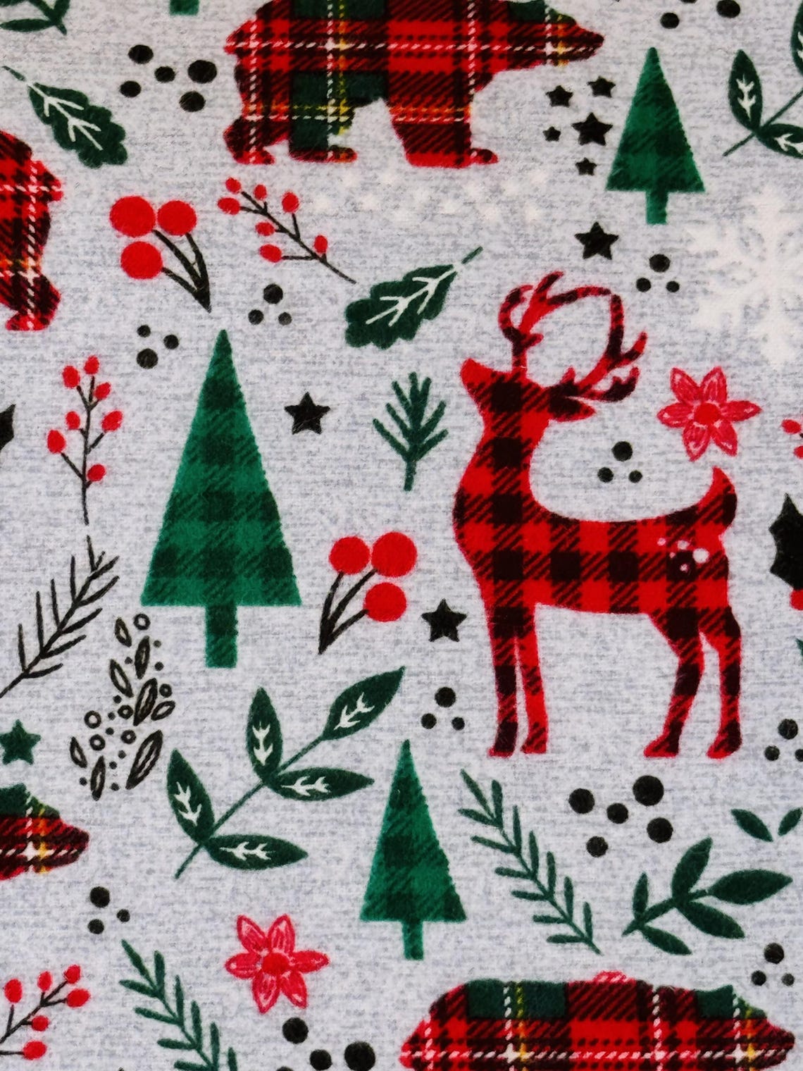 Woodland Flannel Cotton Fabric With Deers, Bears, Trees, Snowflakes ...
