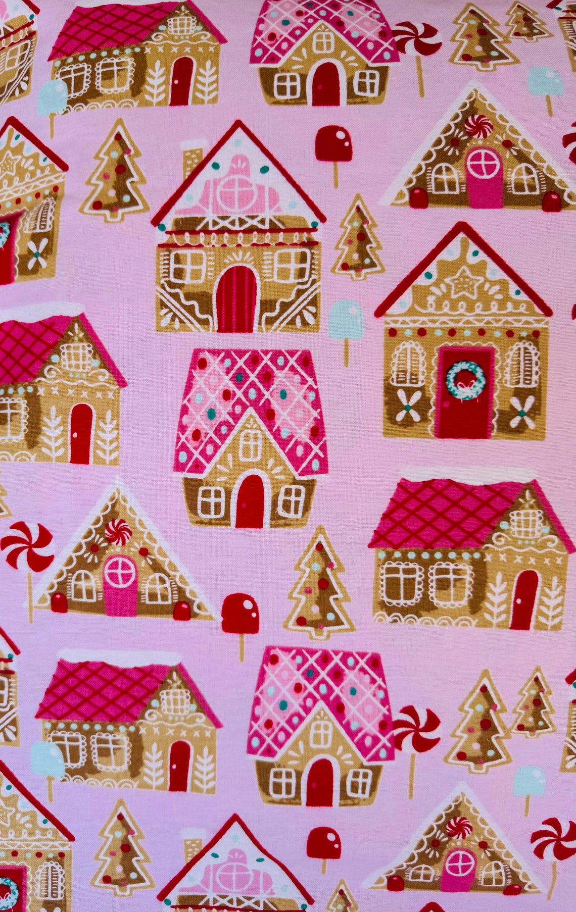 Fabric: Pink Super Snuggle Flannel, Gingerbread Houses and Trees on ...