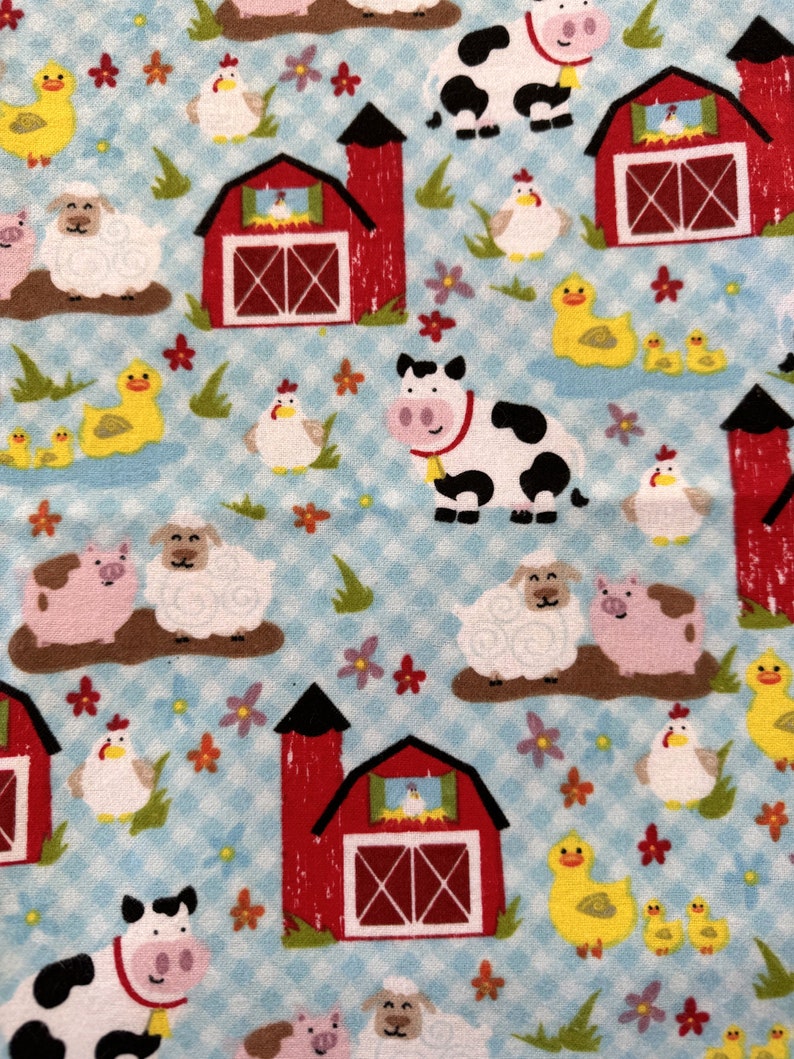 Fabric: Farm Animal Flannel, Barns, Farm Animals on A Blue Background ...