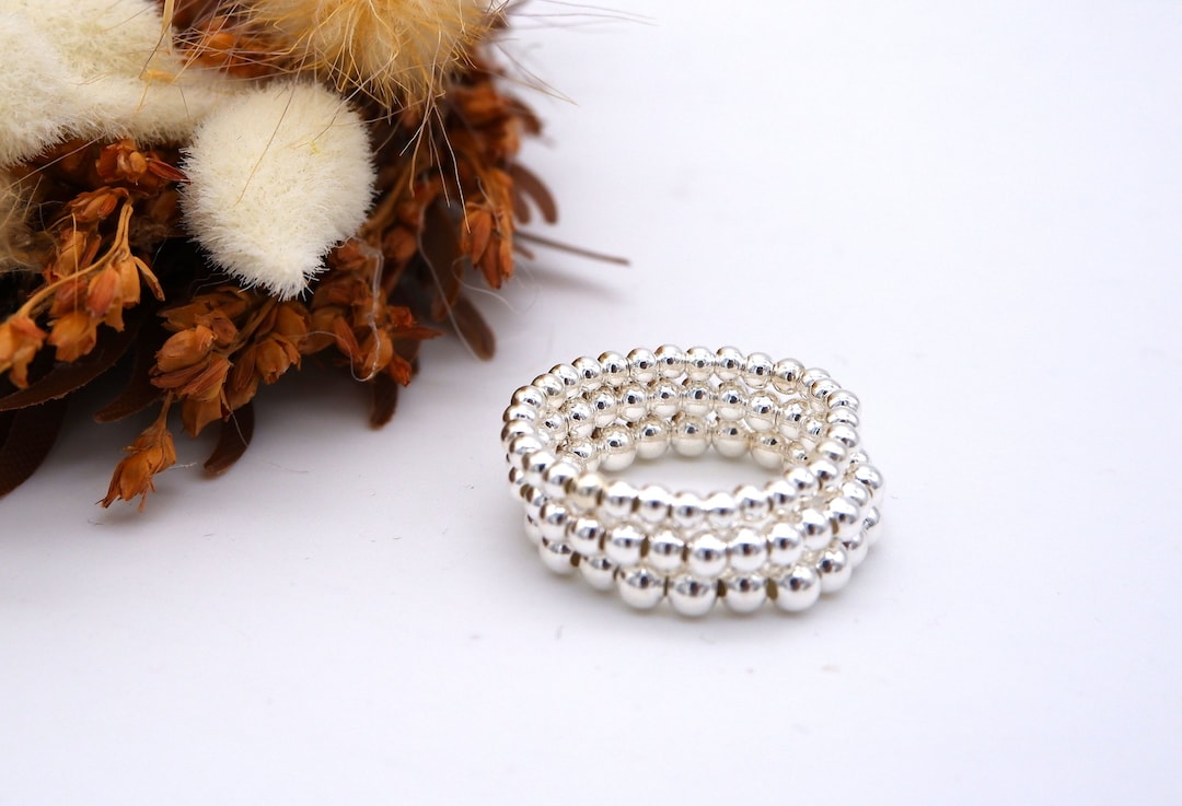 Elastic Ring, 925 Sterling Silver Ball Stretch Ring, Stackable Beaded ...