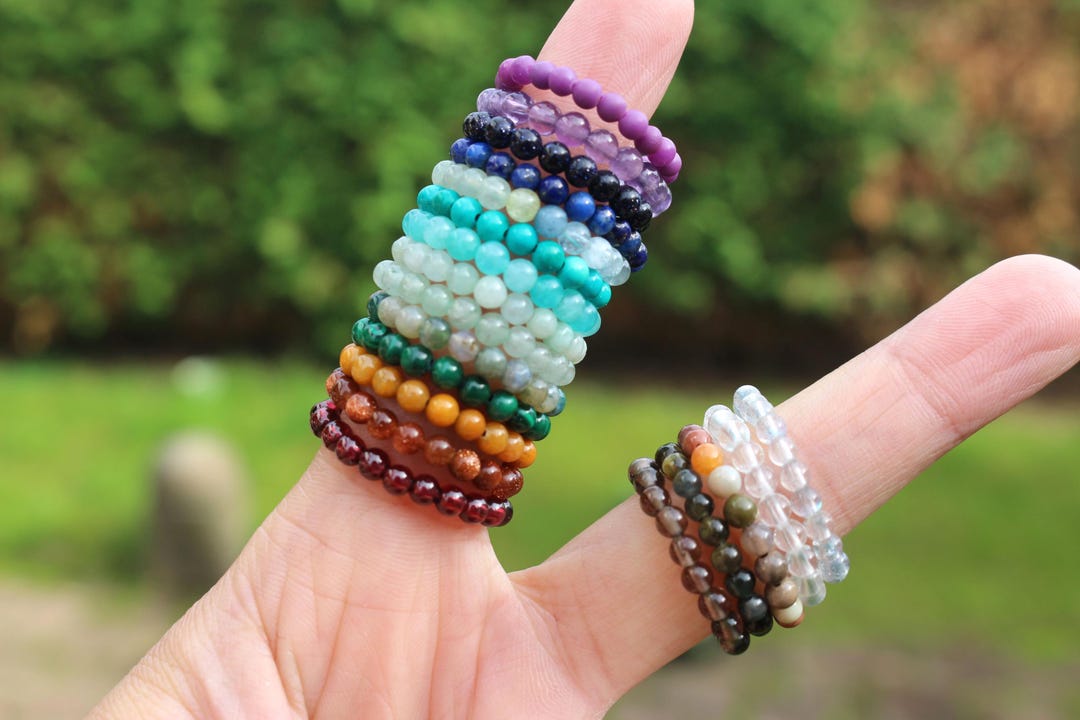 Genuine Gemstone Bead Ring, Elastic Ring, Smooth Round Bead Ring, 3 Mm ...