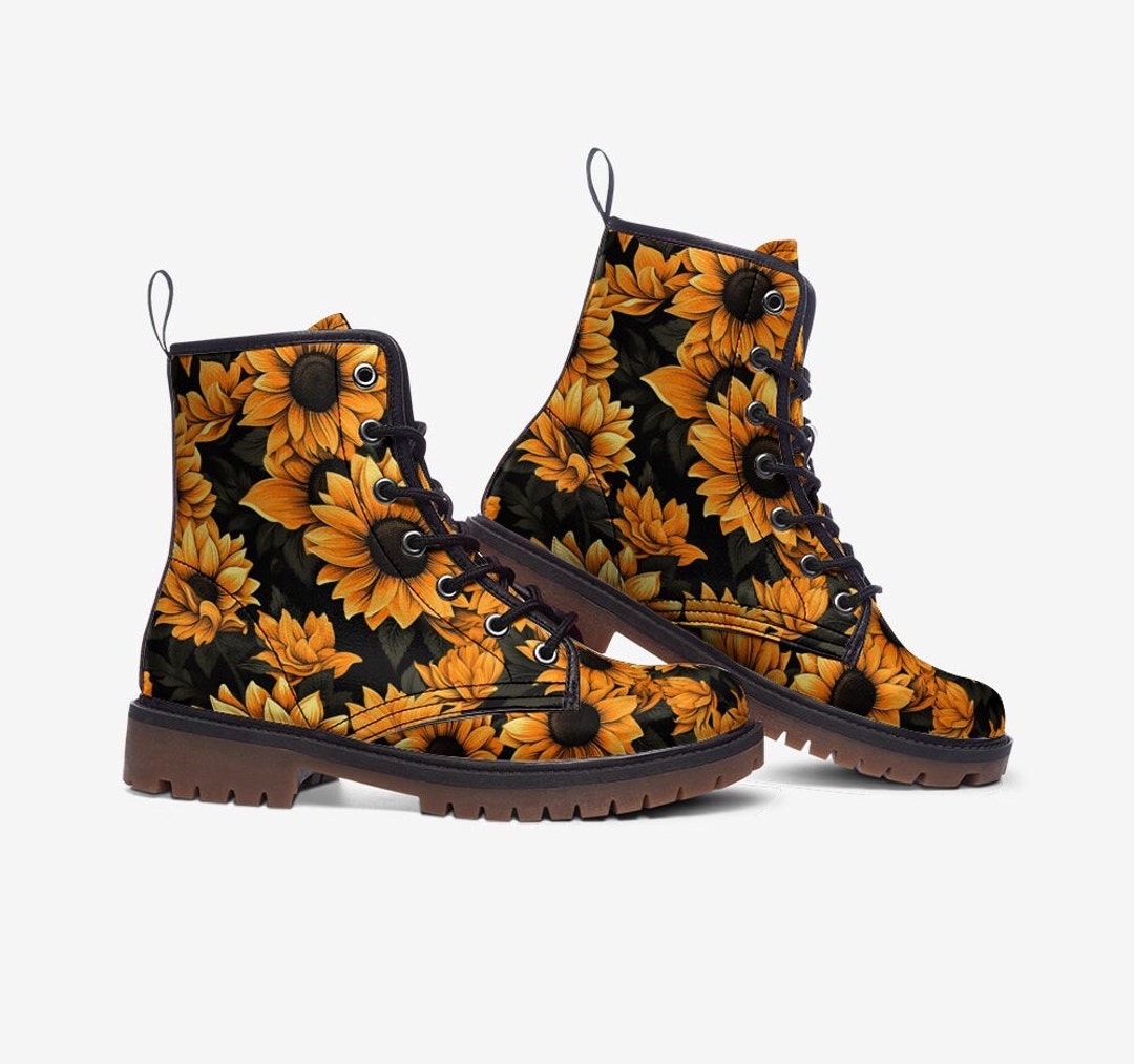 Sunflower Combat Boots, Vegan Leather, Floral Casual Leather ...