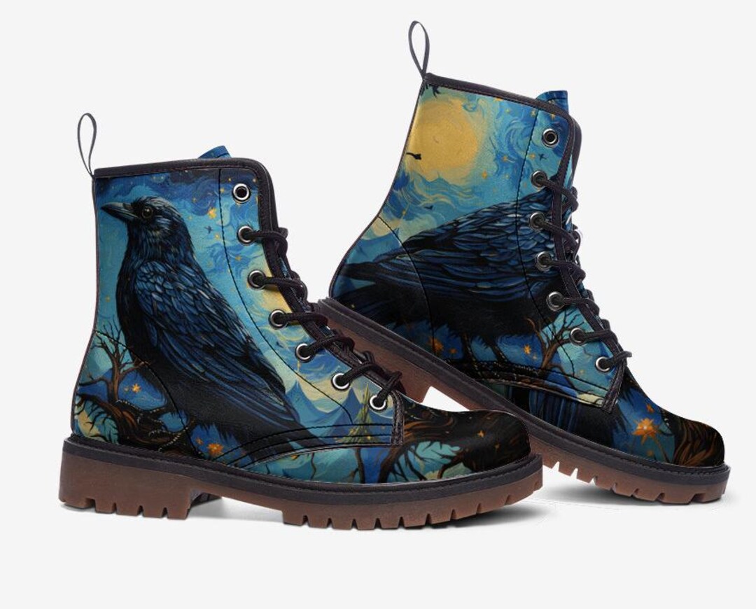 Raven Crow Combat Boots, Starry Night Painting, Art, Casual Leather ...