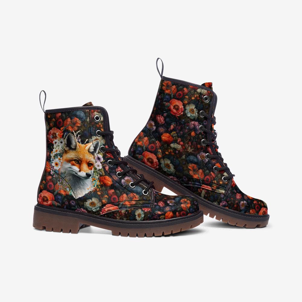 Cottagecore Floral Fox Combat Boots, Vegan Leather, Casual Leather ...