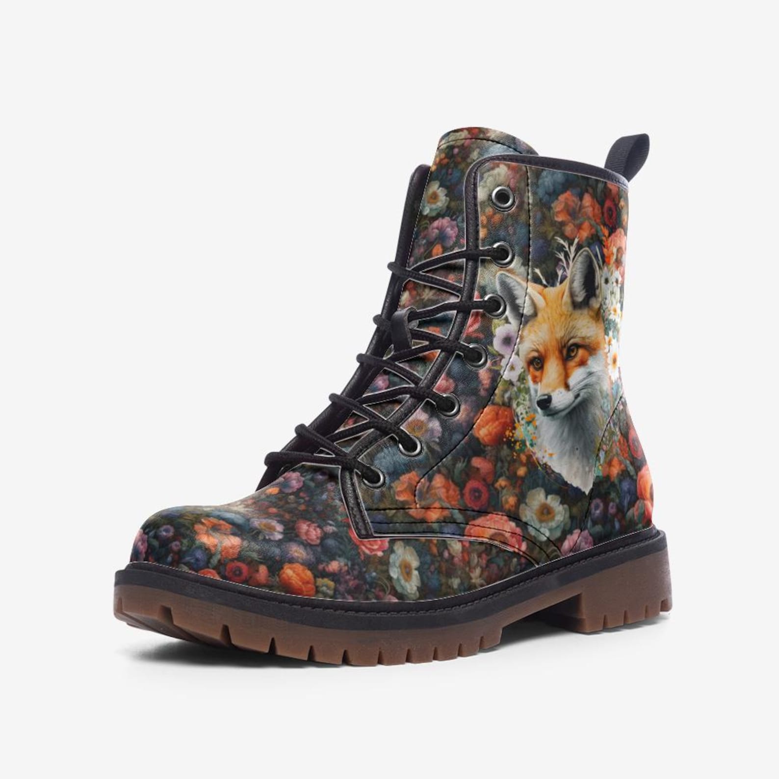 Cottagecore Floral Fox Combat Boots, Vegan Leather, Casual Leather ...