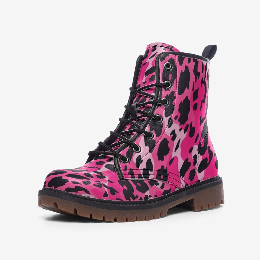 Pink Leopard Combat Boots - Vegan Leather, Casual Lightweight Military ...