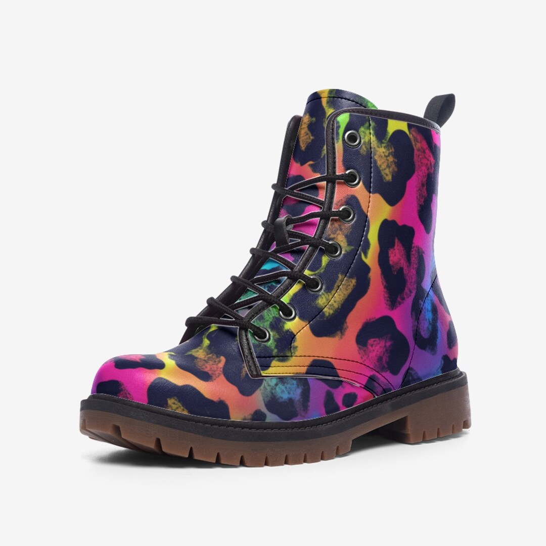 Rainbow Leopard Combat Boots - Vegan Leather, Casual Lightweight ...