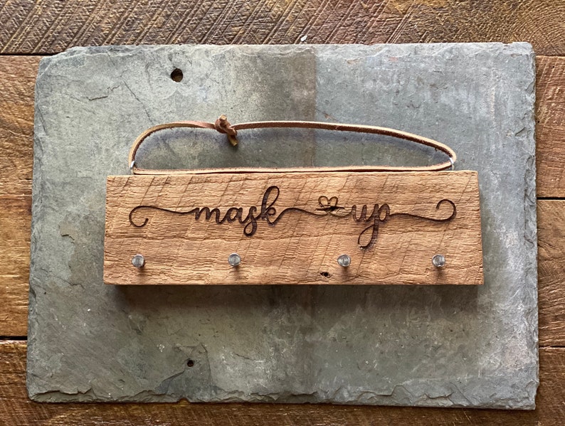 Mask up Reclaimed barn woodFace Mask wall rack with 4 penny | Etsy