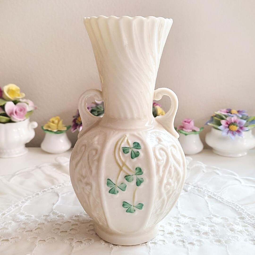 Belleek Green Shamrock Vase With Two Small Handles Ireland - Etsy