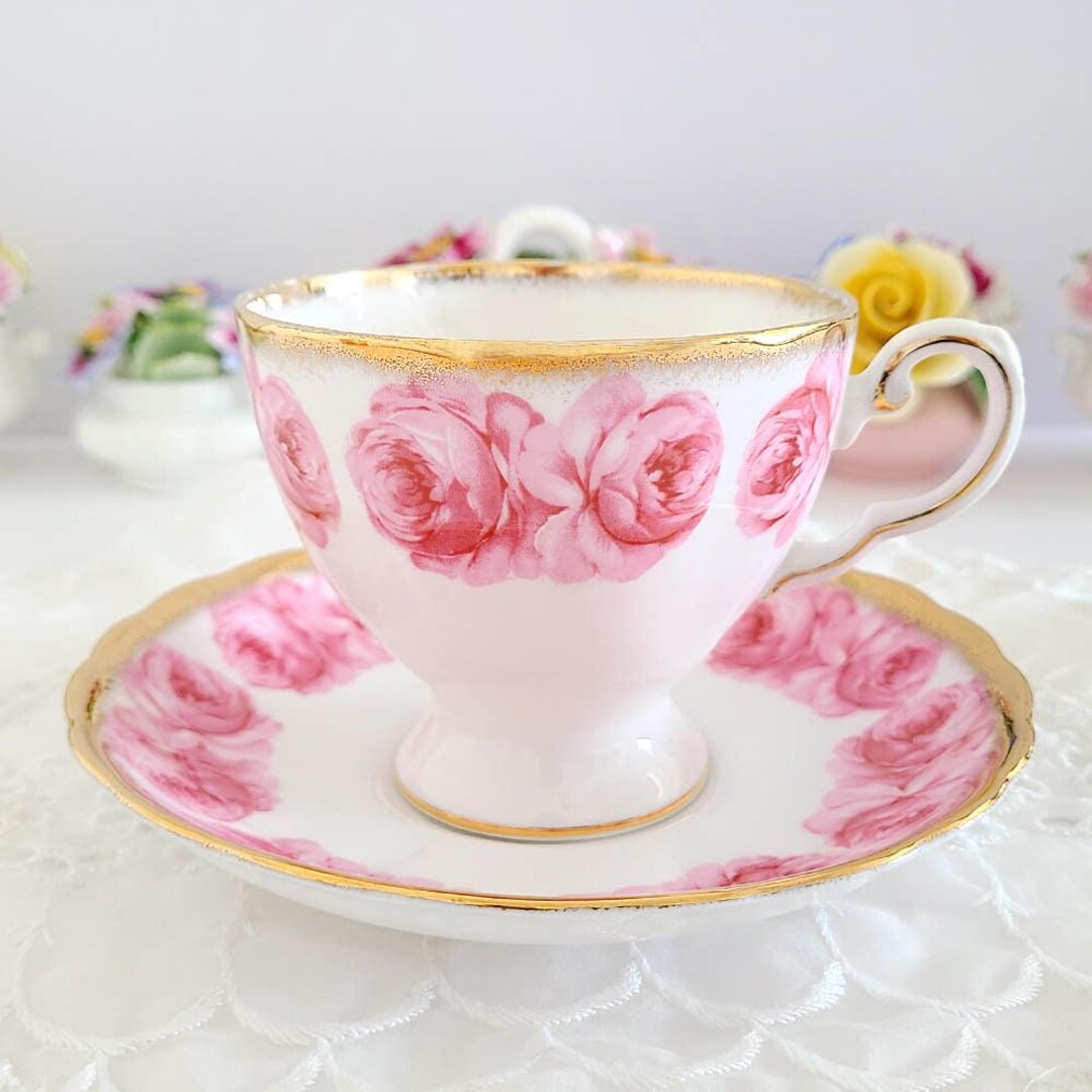 Tuscan Pink Rose Gold Spray Trim Teacup and Saucer Set, Bone China ...