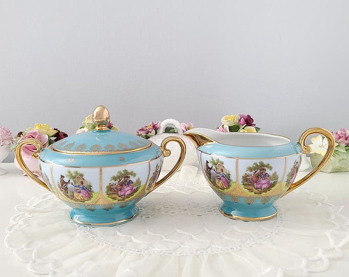 STW Bavaria Fragonard Love Story Turquoise Sugar Bowl and Creamer Set ...