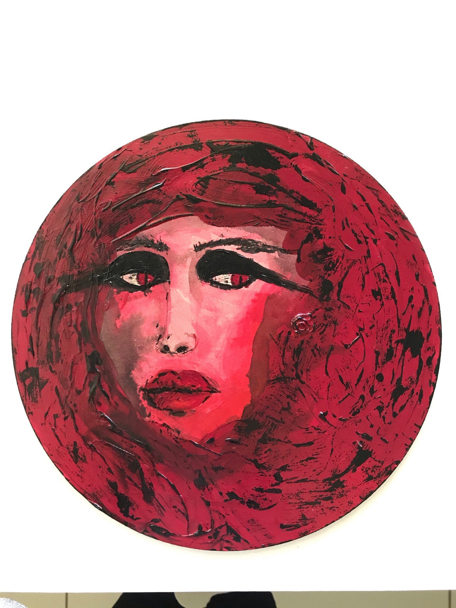 MALEVOLENT MOON wood round art panel moonface series hand painted ...