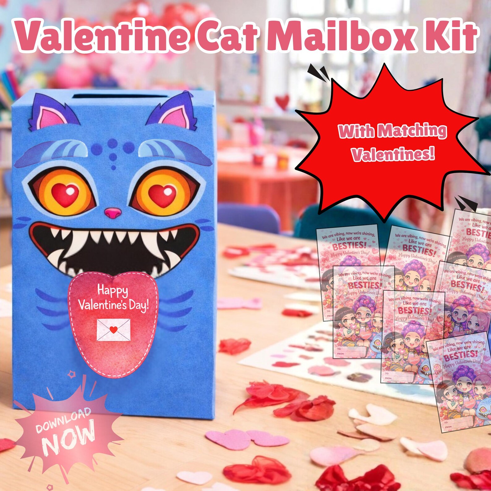 Cat Valentine Mailbox Craft + Matching Valentines | Printable Valentine ...