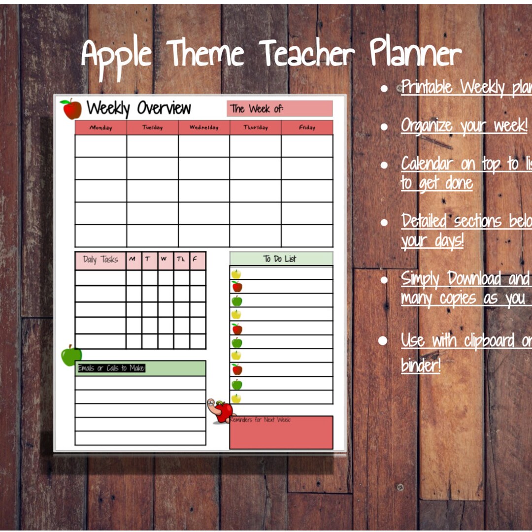 Weekly Teacher Planner- Apple Theme - Etsy