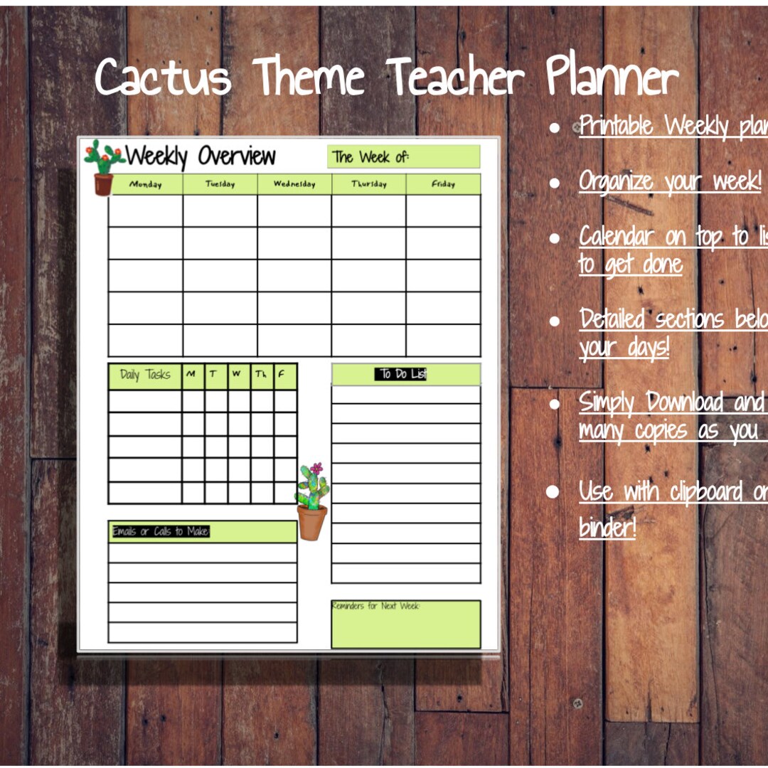 Weekly Teacher Planner -cactus Theme - Etsy
