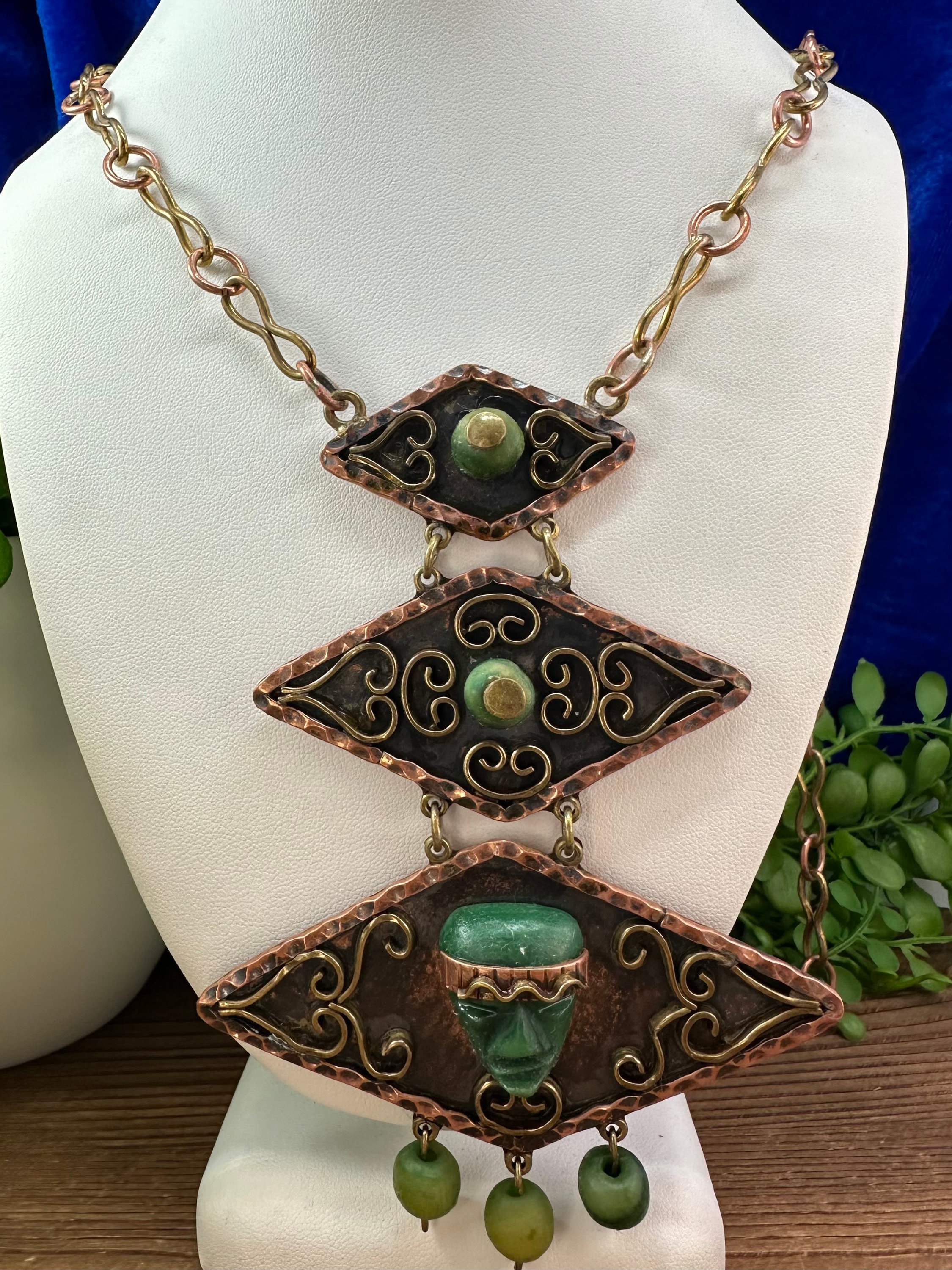 Vintage Copper and Green Stone Mexico Mayan Aztec Amulet Necklace - Etsy
