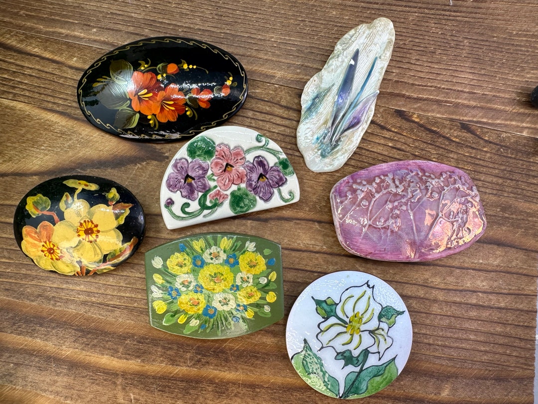 Assorted Wood, Metal and Ceramic Hand Made Vintage Brooches. Each Sold ...