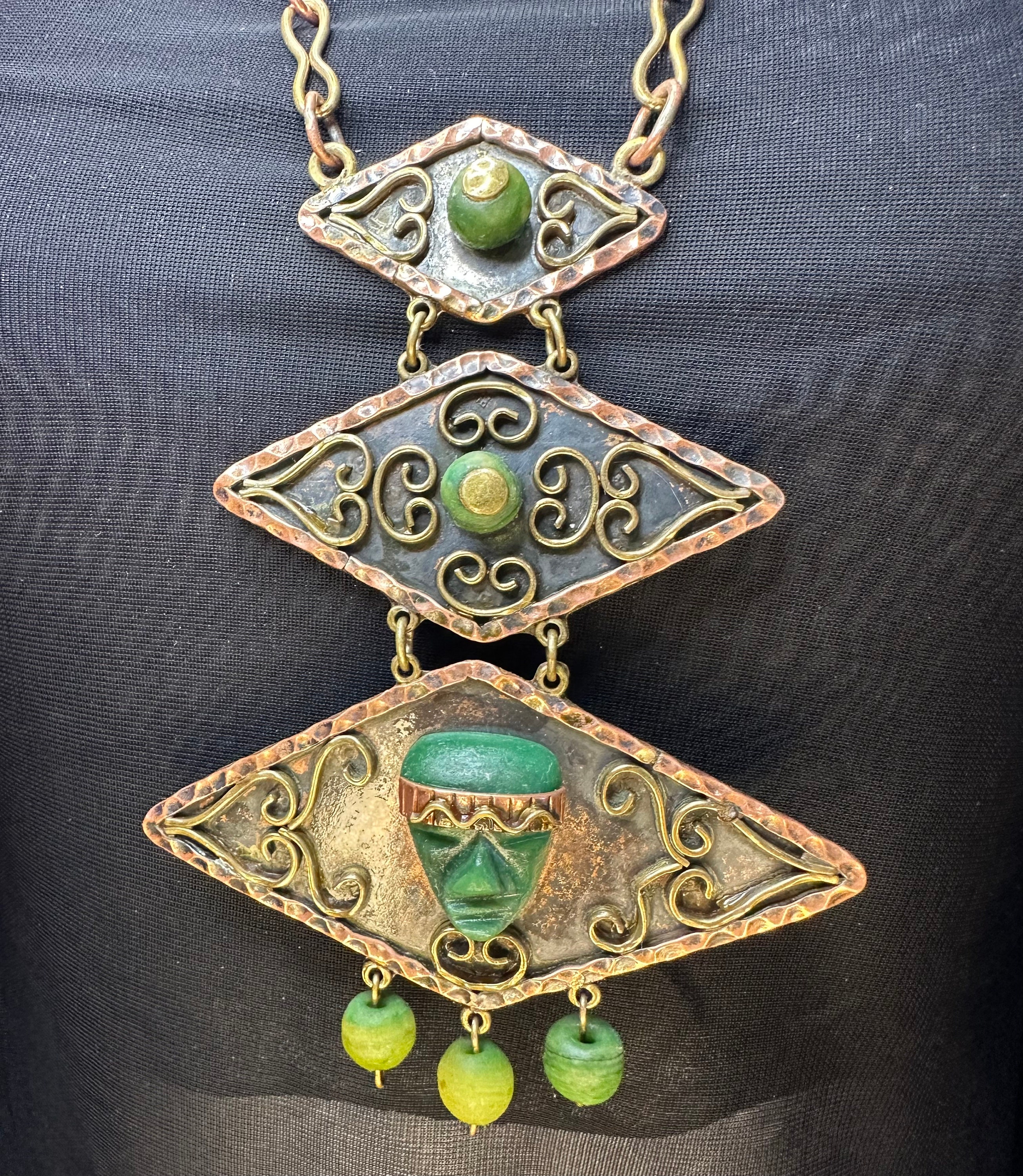 Vintage Copper and Green Stone Mexico Mayan Aztec Amulet Necklace - Etsy