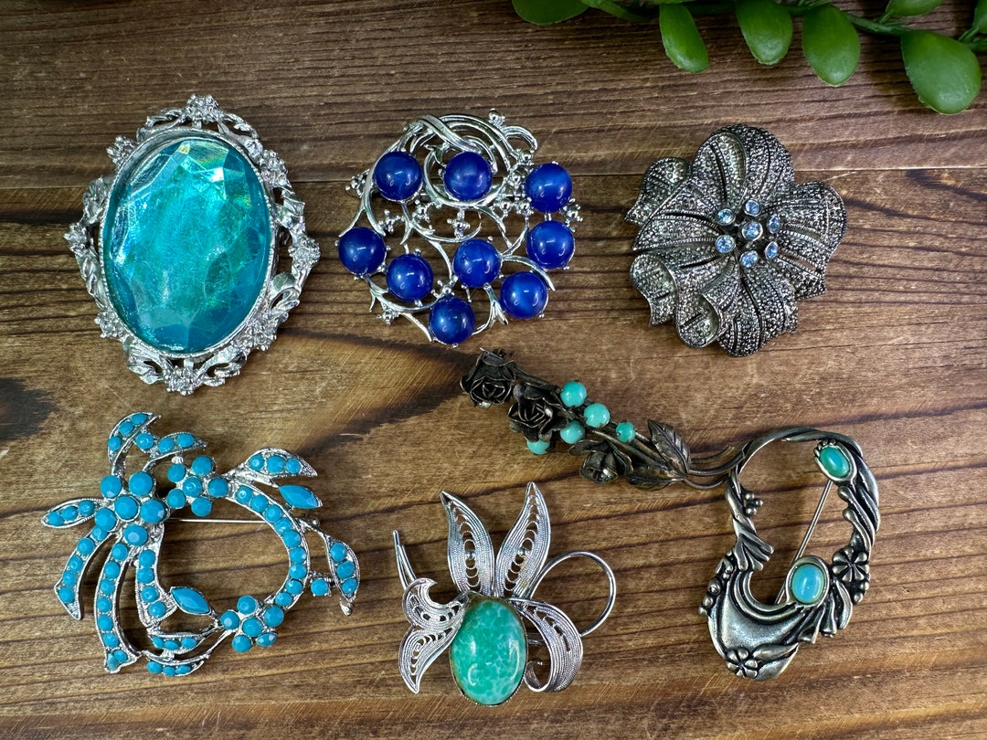 Assorted Vintage Blue Stone, Bead, Rhinestone Brooches. Each Sold ...