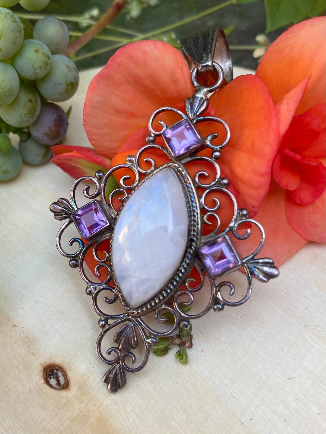 Vintage Nepal Silver 925 Pendant With White Centre Stone and Purple ...