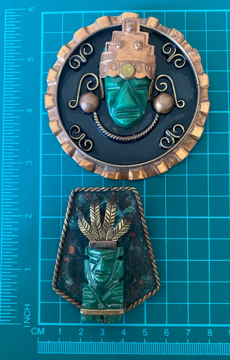 Vintage Copper and Jade Mayan Medallion Brooch Pendant - Each Sold ...