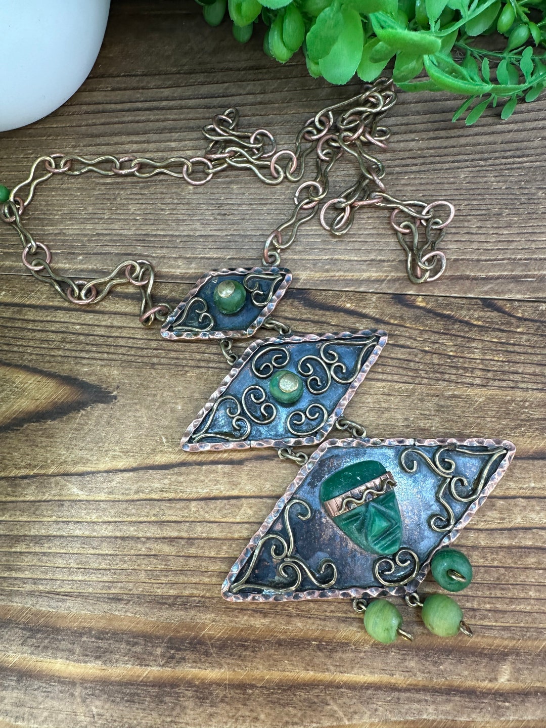 Vintage Copper and Green Stone Mexico Mayan Aztec Amulet Necklace - Etsy