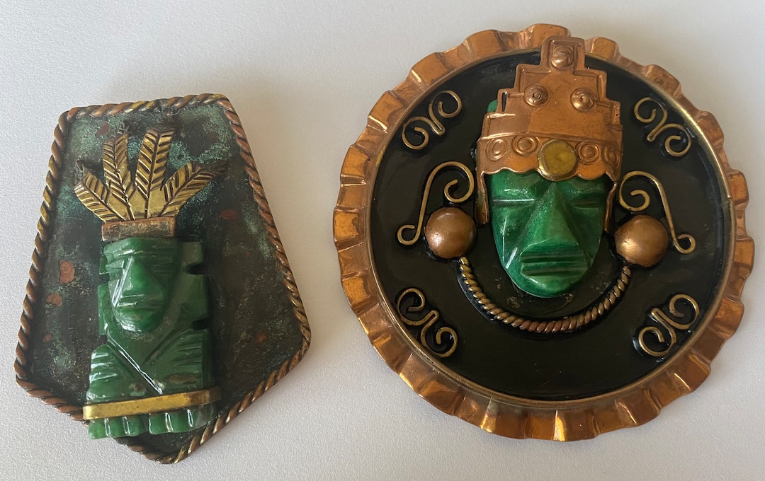 Vintage Copper and Jade Mayan Medallion Brooch Pendant - Each Sold ...