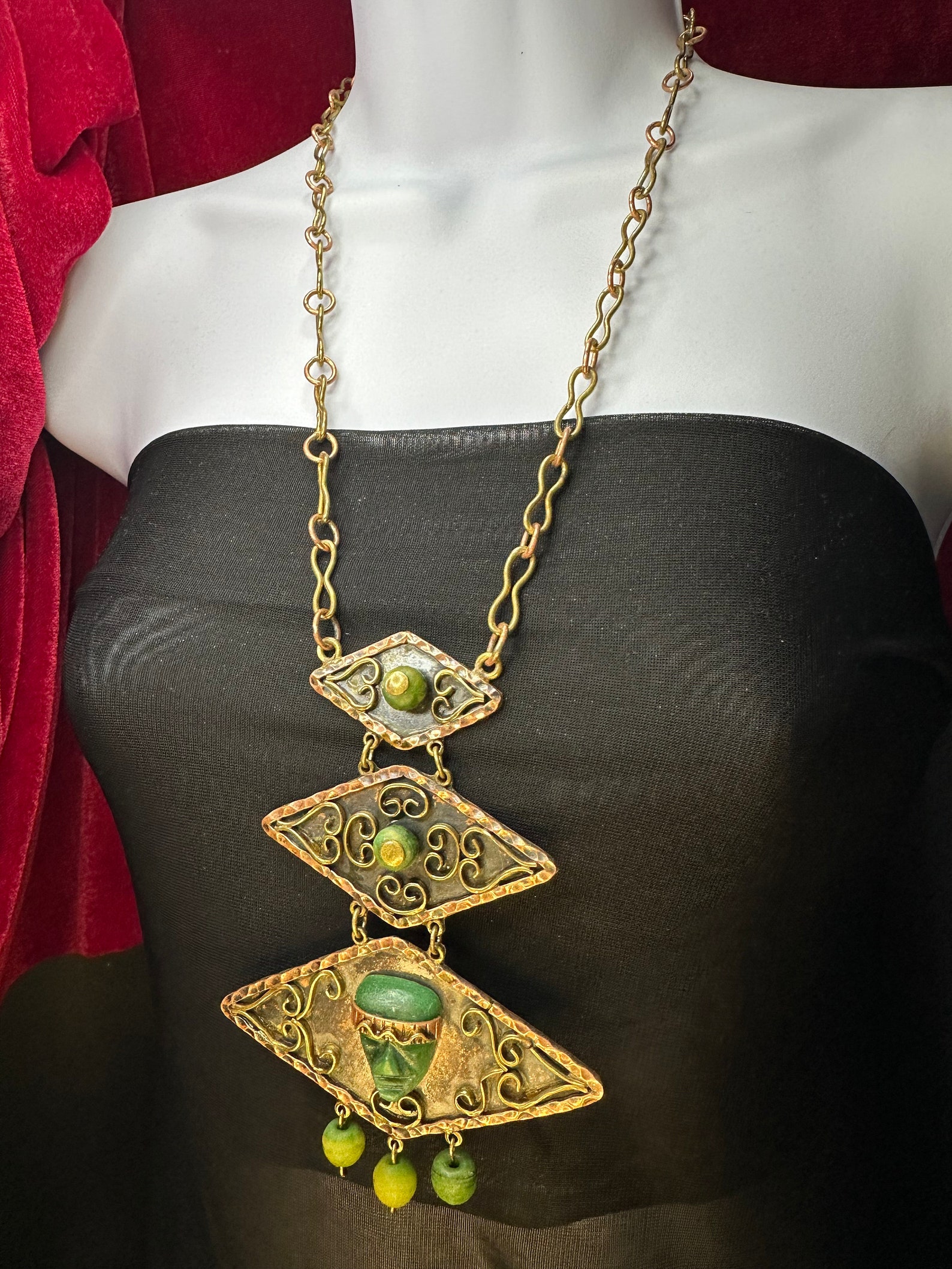 Vintage Copper and Green Stone Mexico Mayan Aztec Amulet Necklace - Etsy