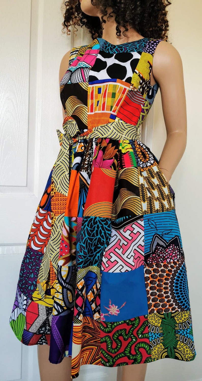 PATCHWORK African Printed Fabric Sleeveless Midi Dress 100% Wax Cotton ...