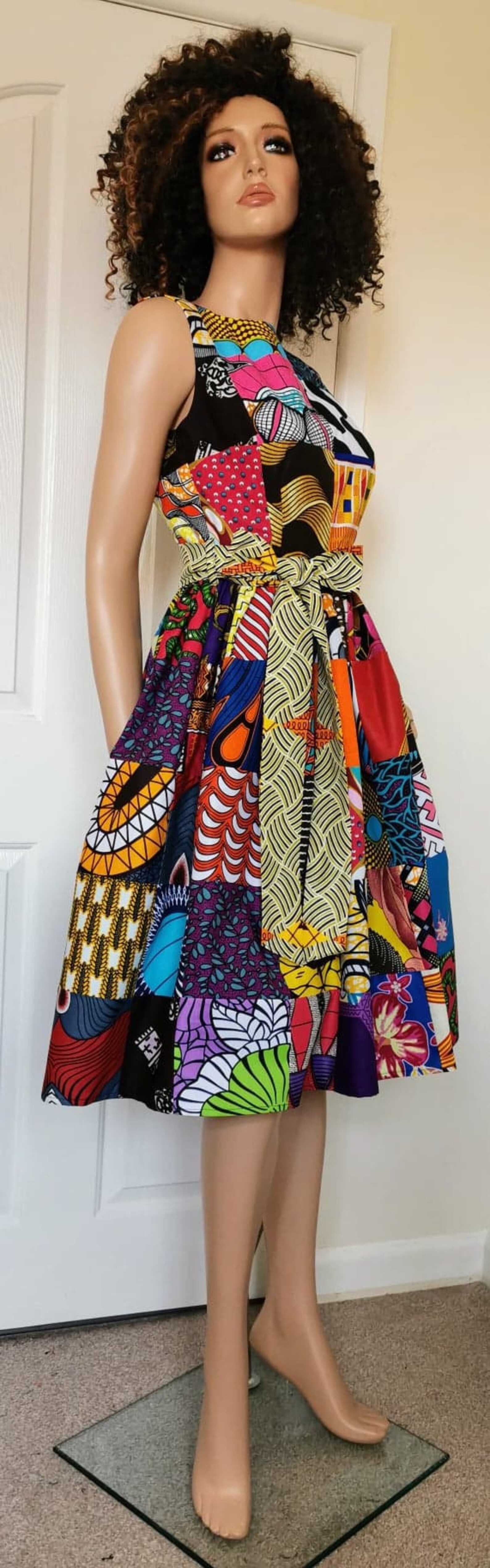 PATCHWORK African Printed Fabric Sleeveless Midi Dress 100% Wax Cotton ...