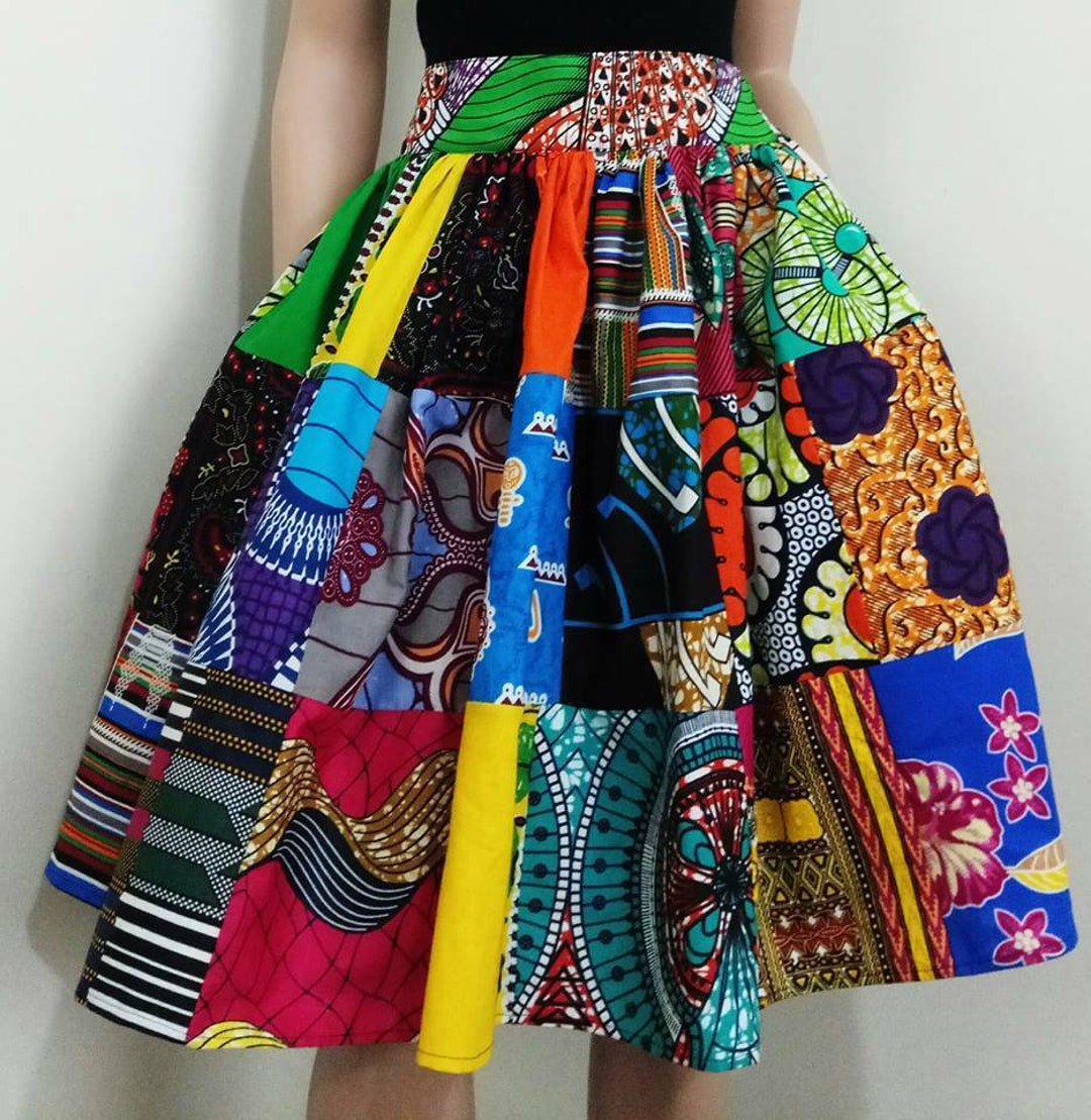 PATCHWORK African Printed Fabric Midi Skirt 100% Wax Cotton Handmade UK ...