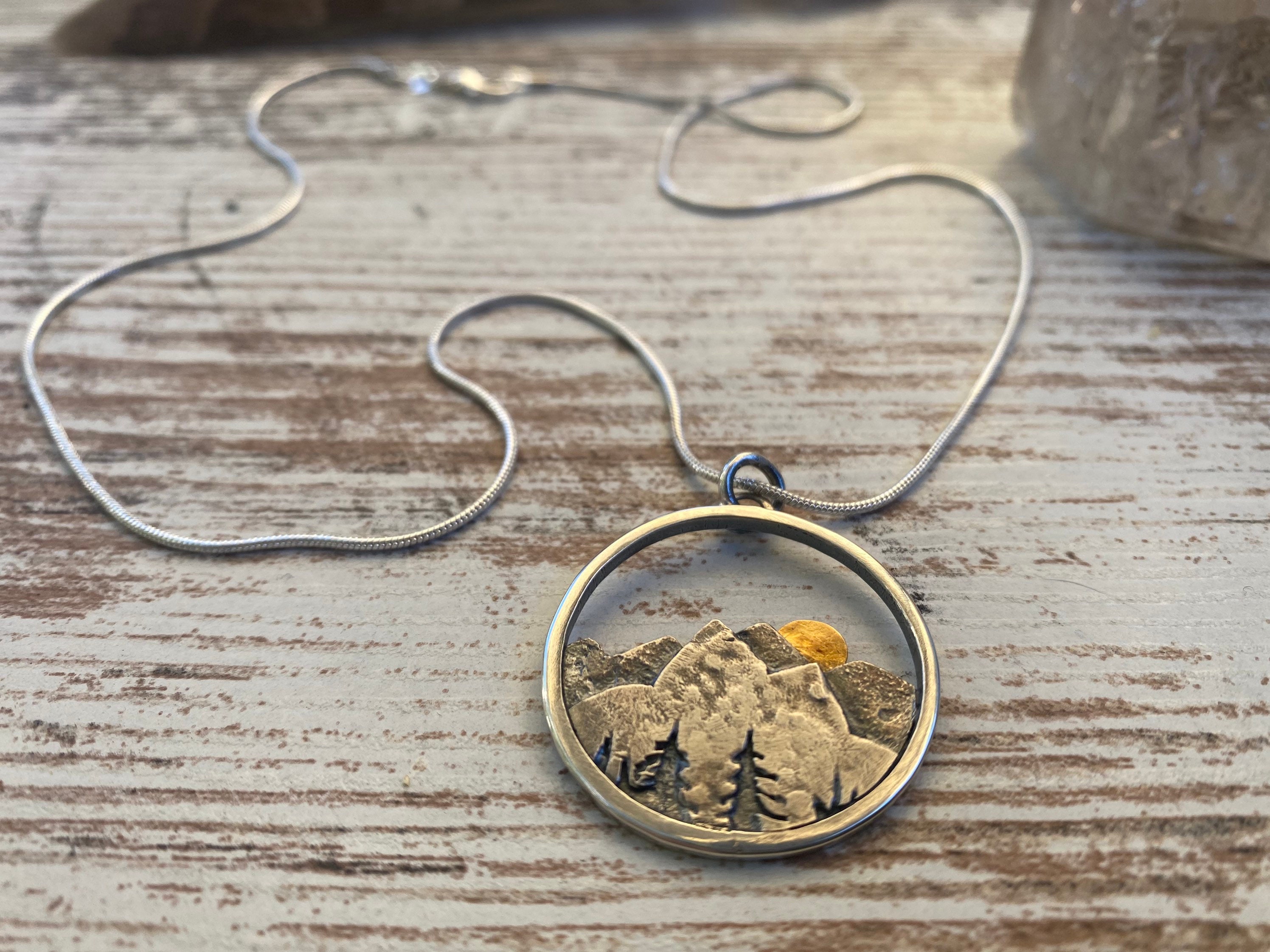 The Mountain Necklace. Sunset. Outdoor Jewelry. Silver and 14k - Etsy