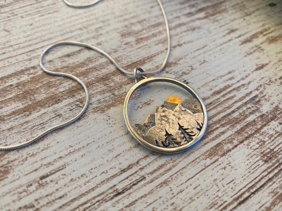The Mountain Necklace. Sunset. Outdoor Jewelry. Silver and 14k - Etsy
