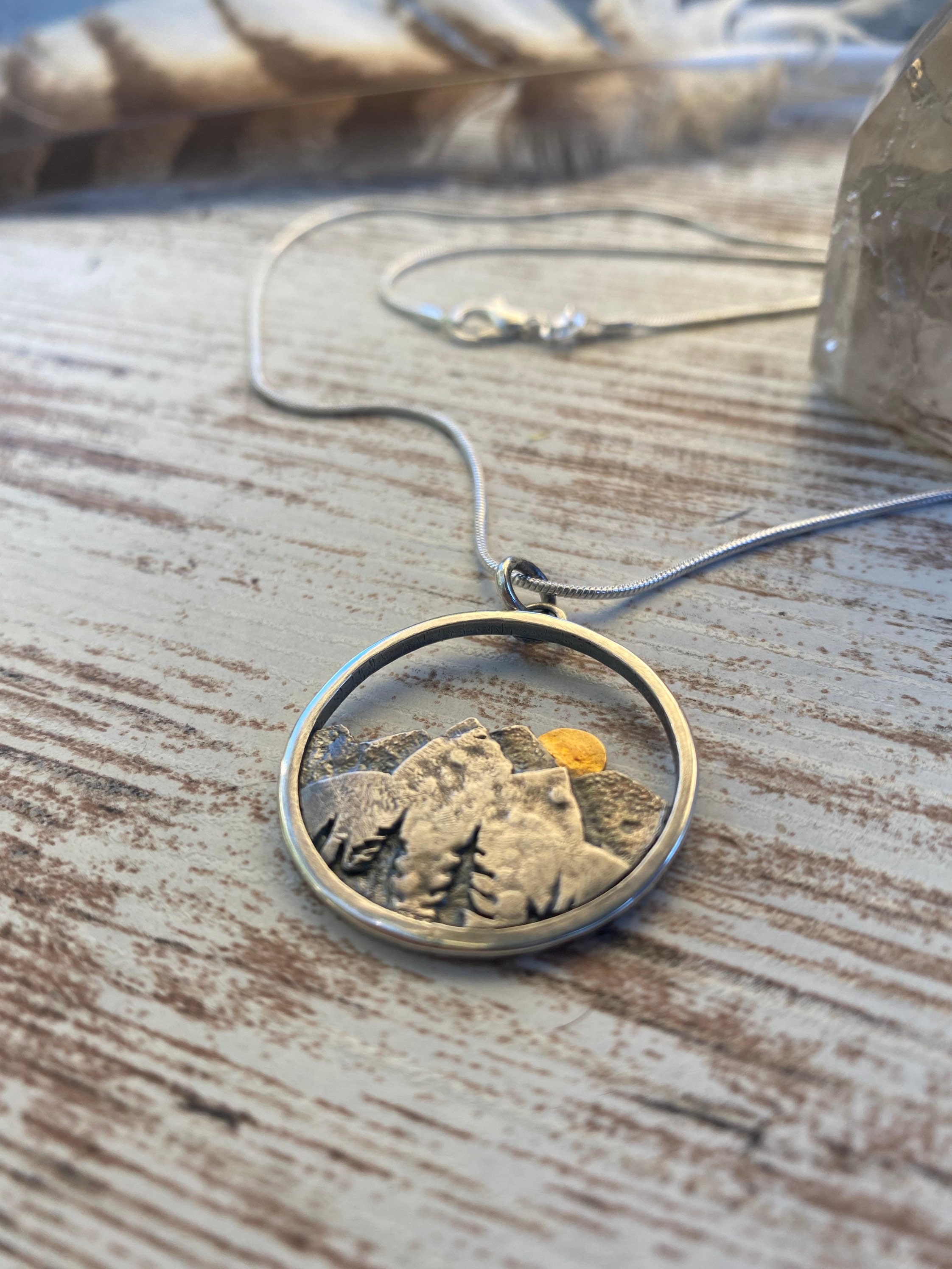 The Mountain Necklace. Sunset. Outdoor Jewelry. Silver and 14k - Etsy