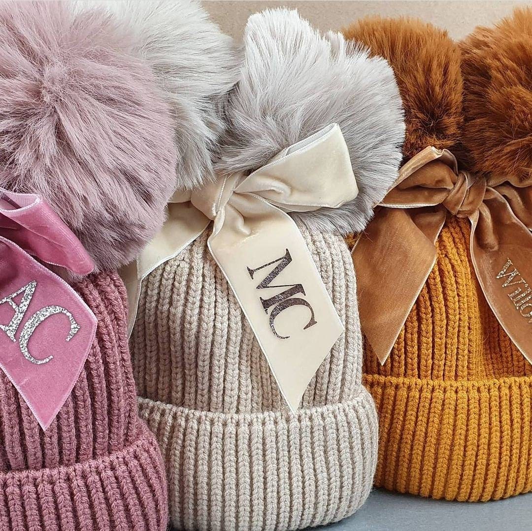 Personalised Girls Pom Pom Winter Hat With Double Fluffy Pom - Etsy UK