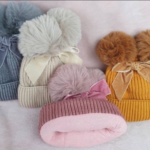 Personalised Girls Pom Pom Winter Hat With Double Fluffy Pom - Etsy UK