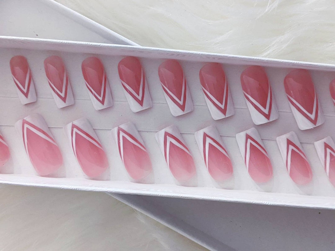 Angled French Tip Press on Nails: White Gel Polish, Custom Sizing - Etsy